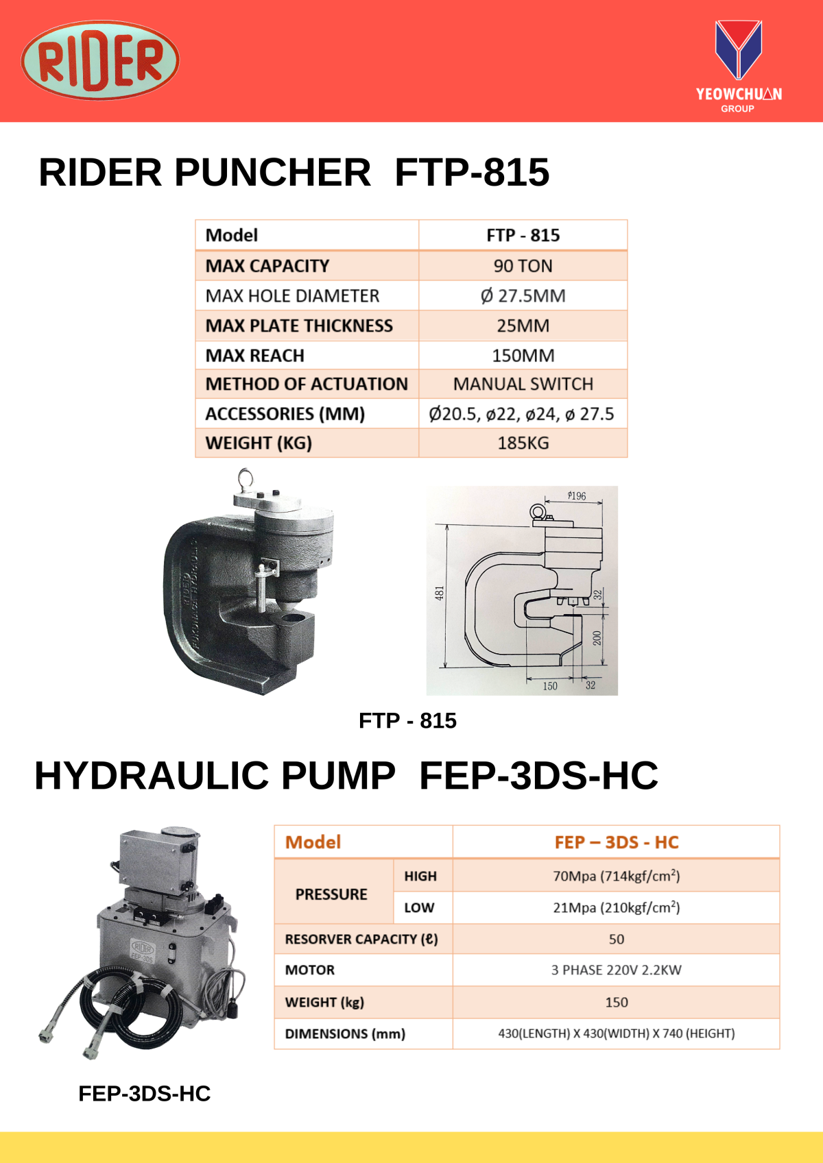 Rider Puncher FTP-815 With Hydraulic Pump FEP-3DS-HC - Yeowchuan ...